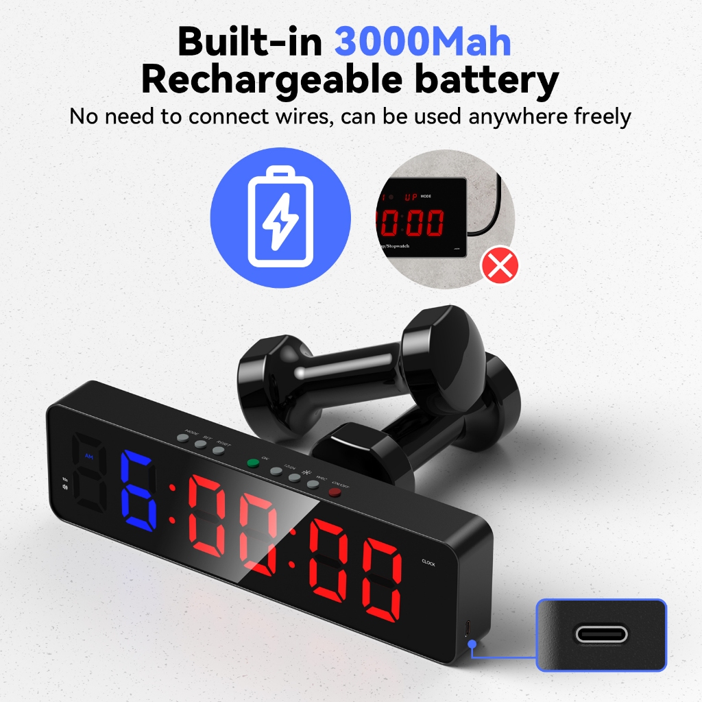 2 inch LED Gym Timer Rechargeable/AC 2" Interval Workout Outdoor Home ...