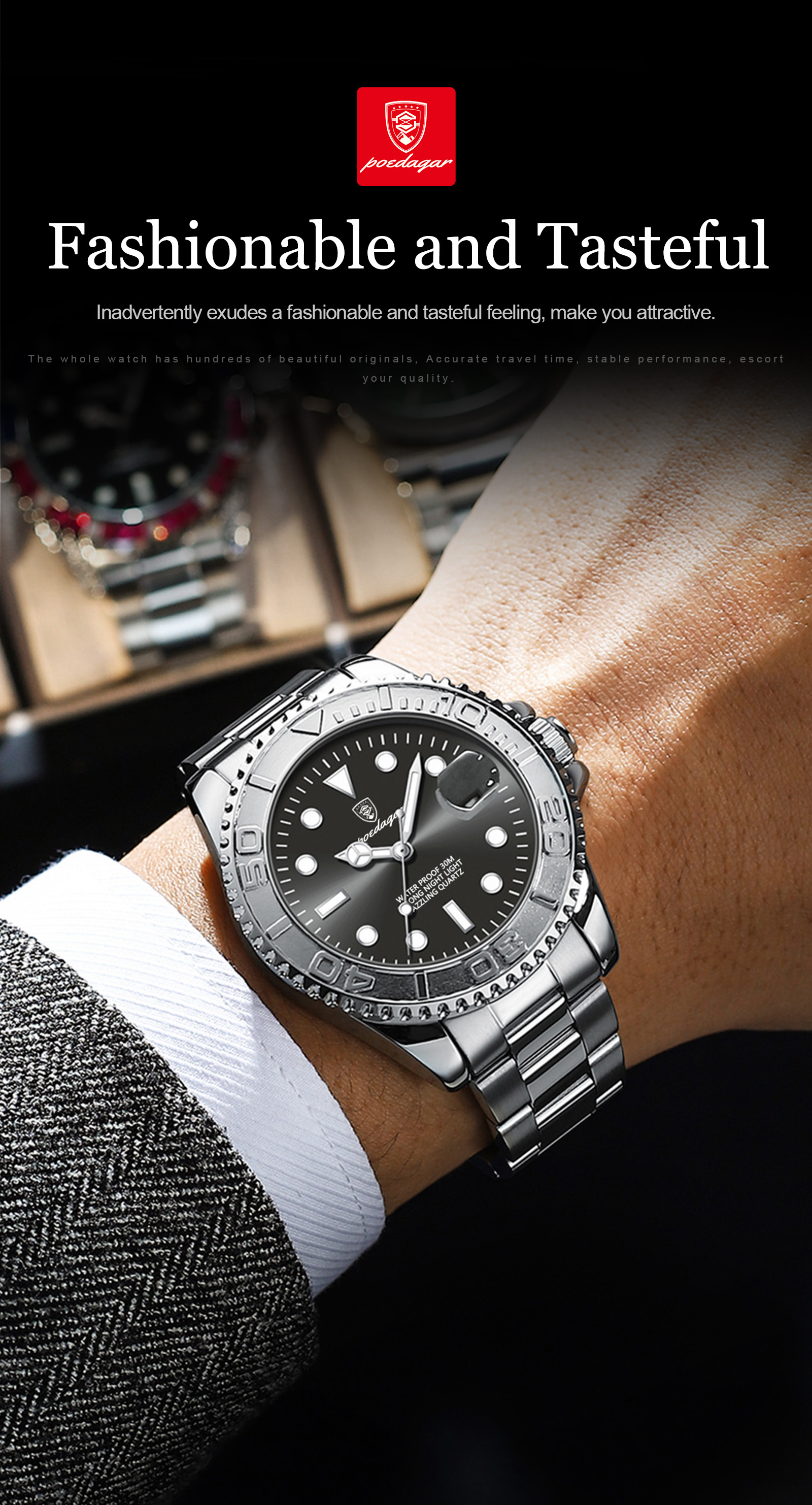 POEDAGAR Genuine Men's Watch Stainless Steel Strap Luminous Calendar ...