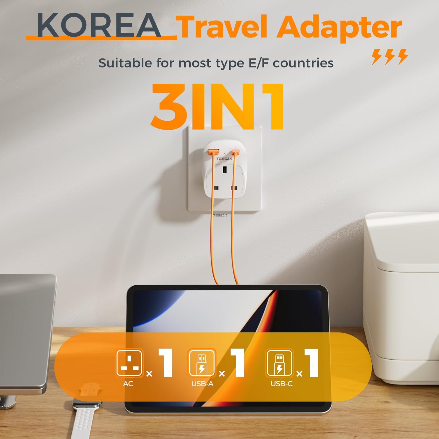 TESSAN Malaysia to Korea Adapter ID European Travel Adapter Korea Plug ...