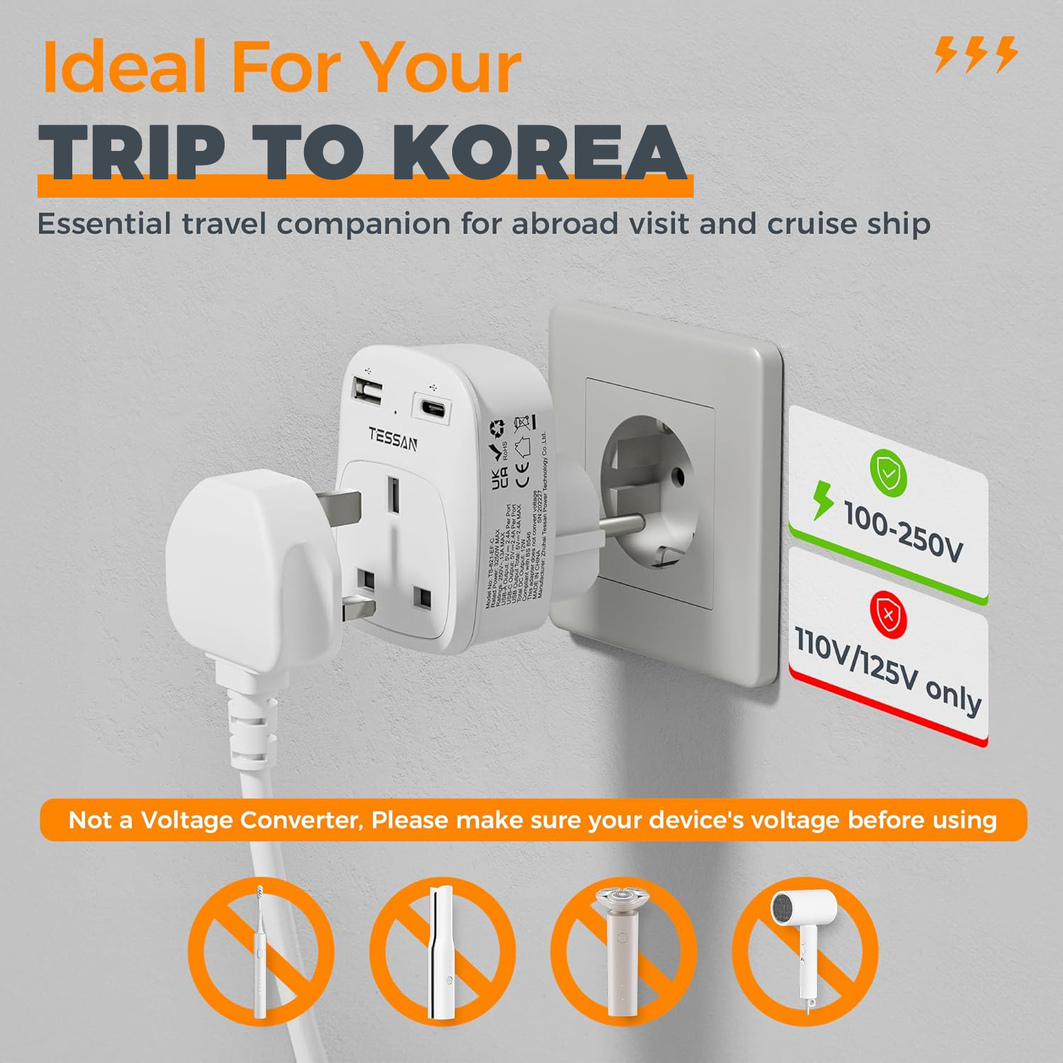 TESSAN Malaysia to Korea Adapter ID European Travel Adapter Korea Plug ...