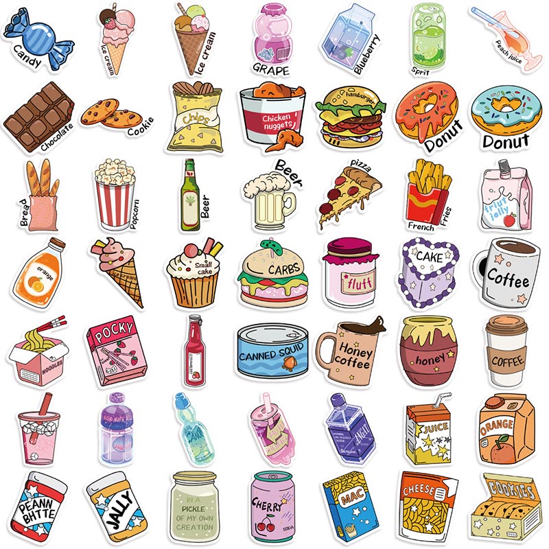 50pcs Cartoon Food Drinks Snack Stickers Cute Diary Notebook Fridge ...