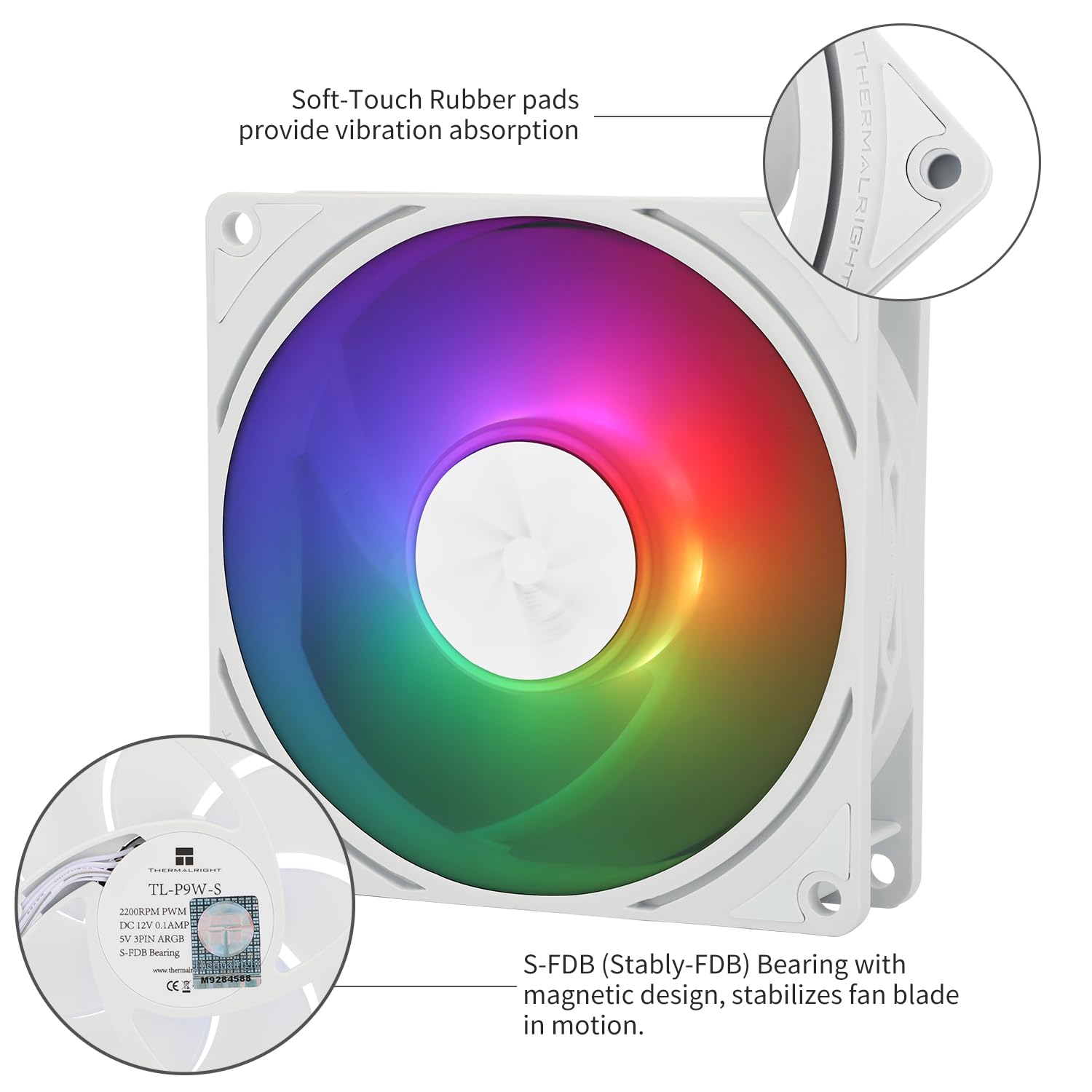 Thermalright TL-P9W-S ARGB White 92mm CPU Fan Computer Case Fan Quiet 2200RPM Speed 4PIN PWM PC ...