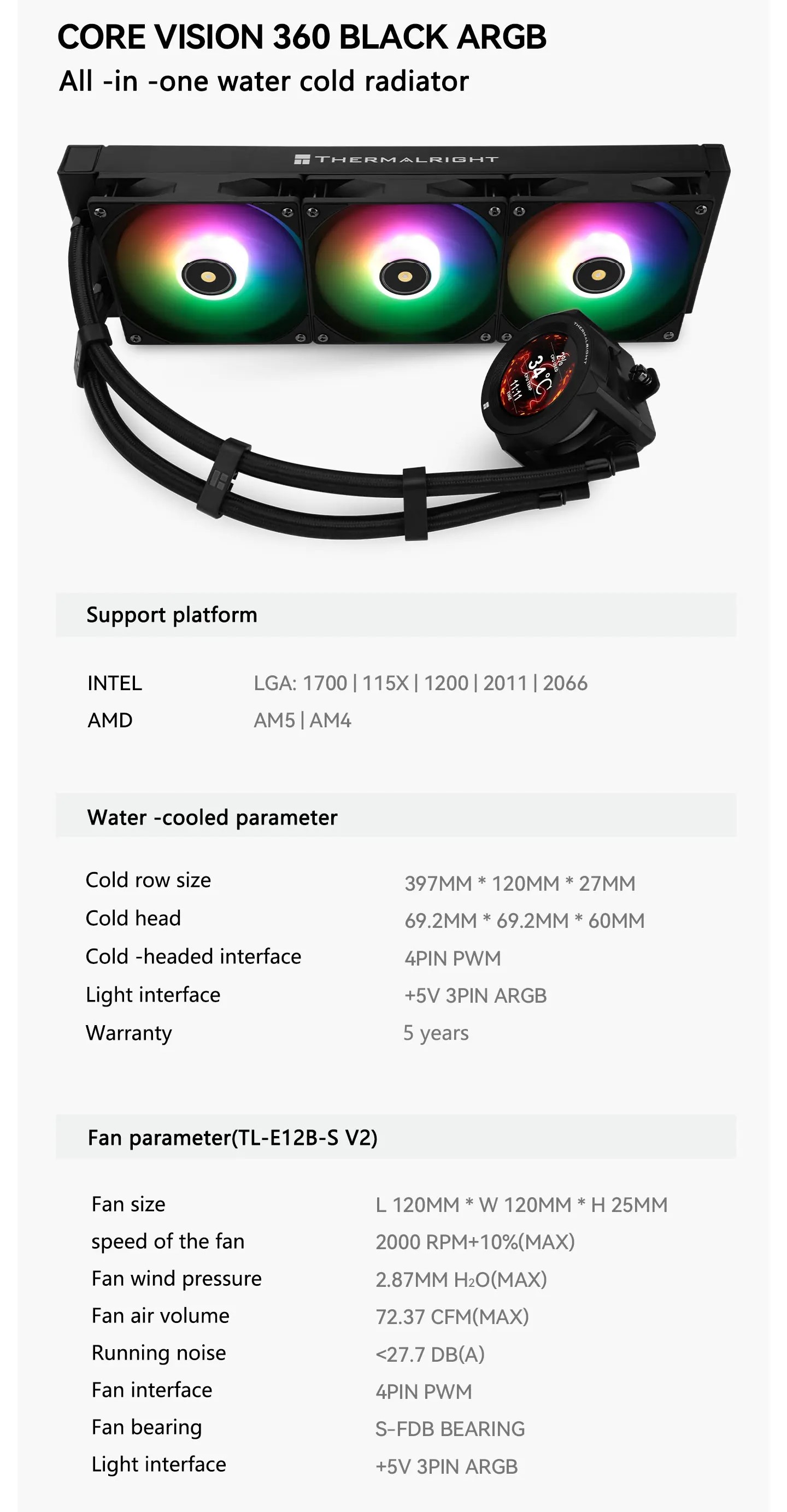Thermalright CV360 Black CPU Liquid Cooler ARGB 2.4 Inch IPS Water ...