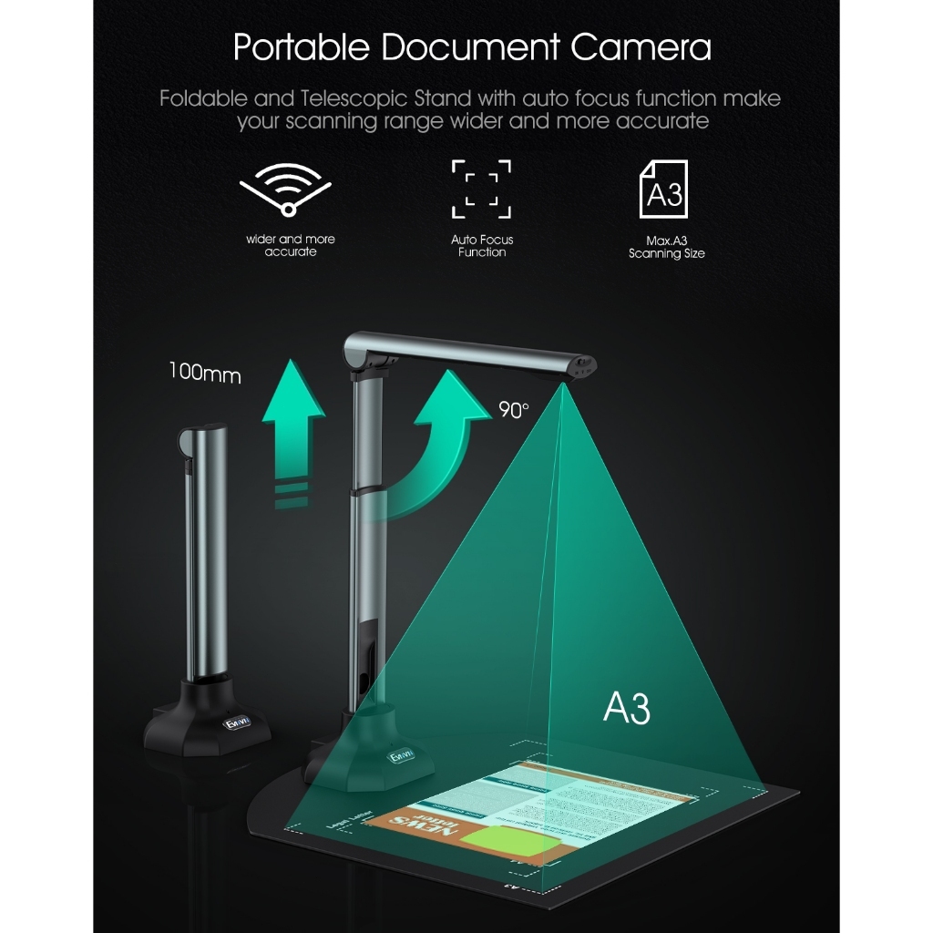 12MP USB Document Camera for Teachers Laptop, A3 A4 Size, Portable Book ...