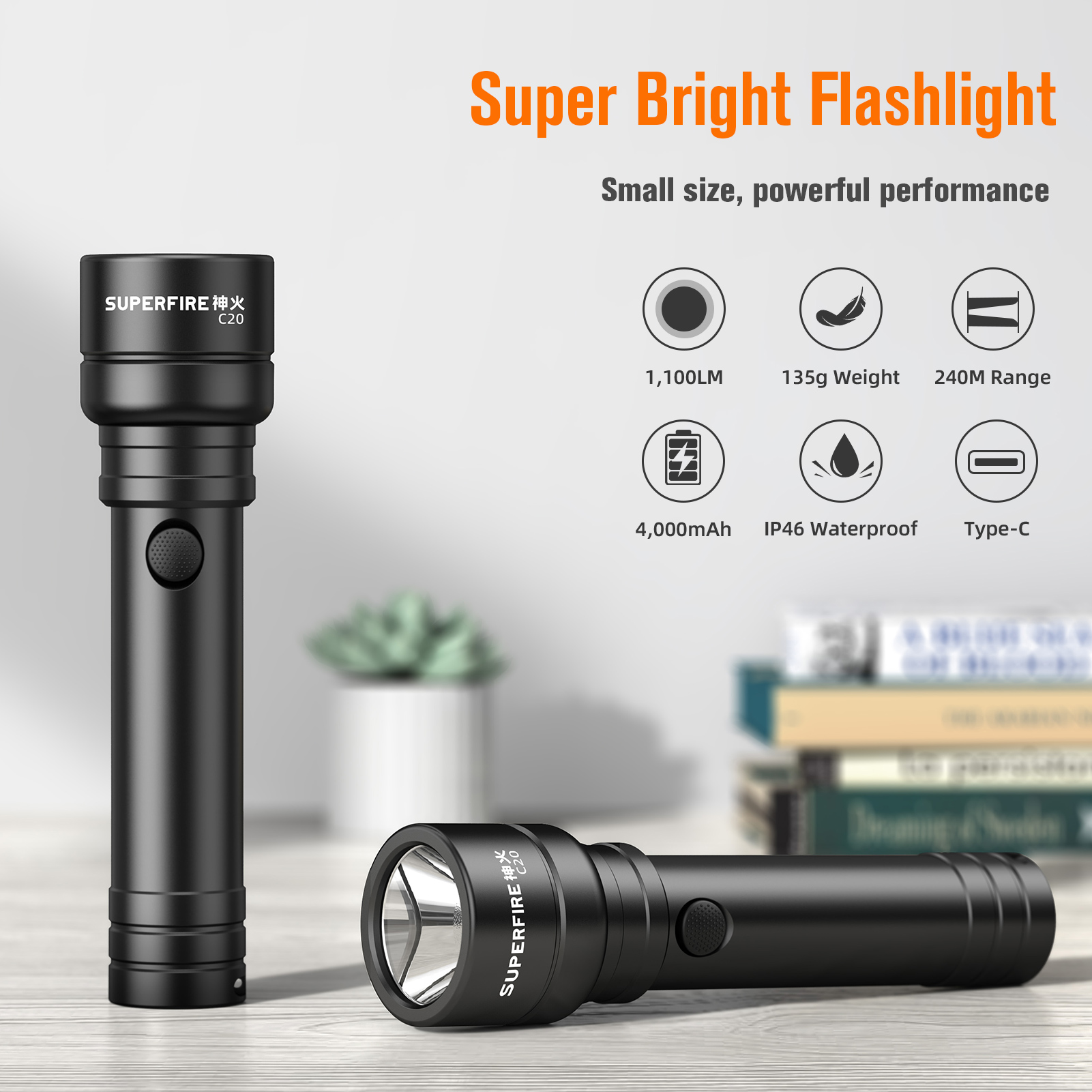 SUPERFIRE C20 15W Lampu Suluh Terang LED Rechargeable Torch Light Super ...