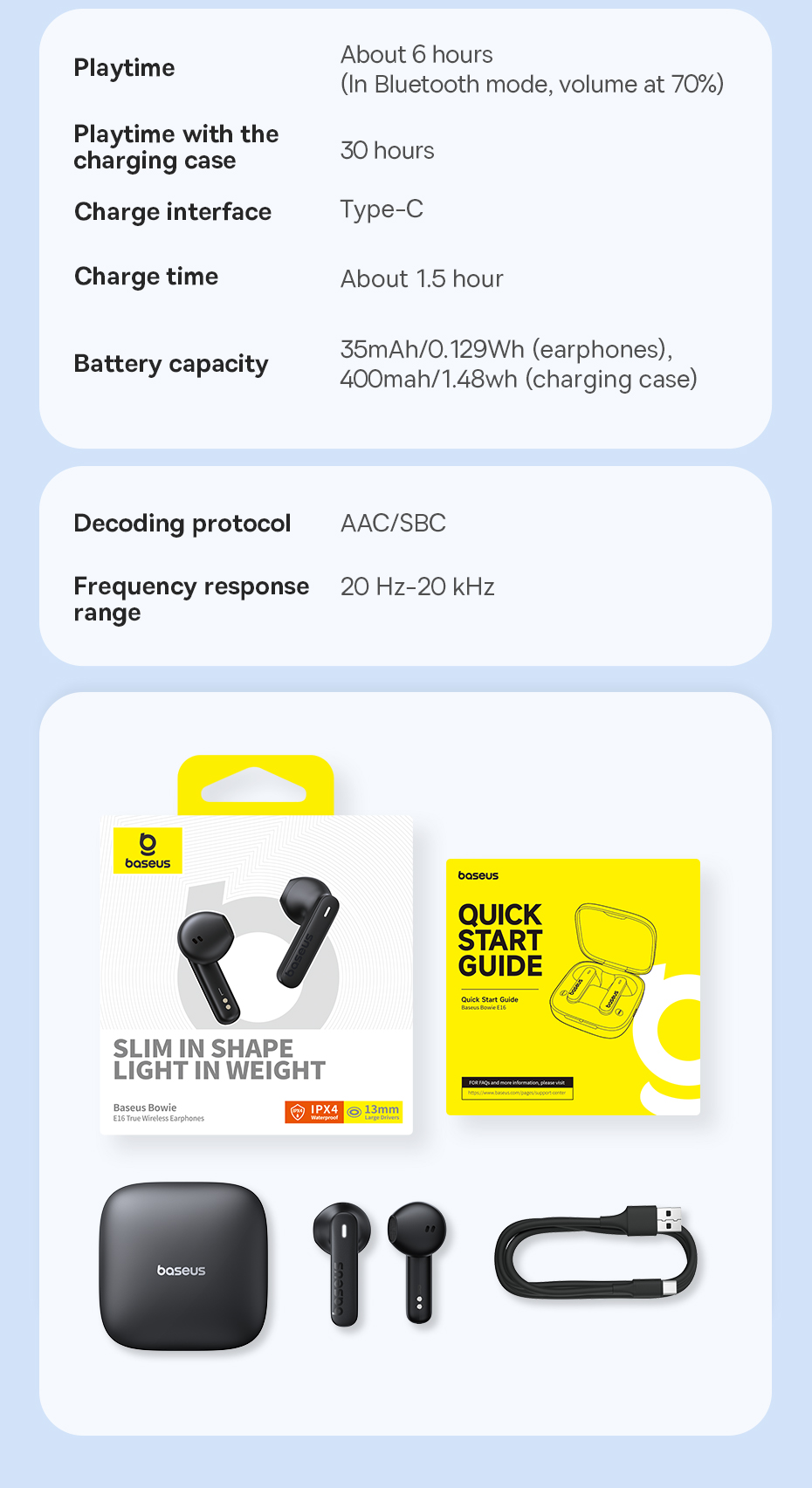 Baseus E16 True Wireless Earbuds TWS 5.3 Bluetooth Earphone with IPX4 ...