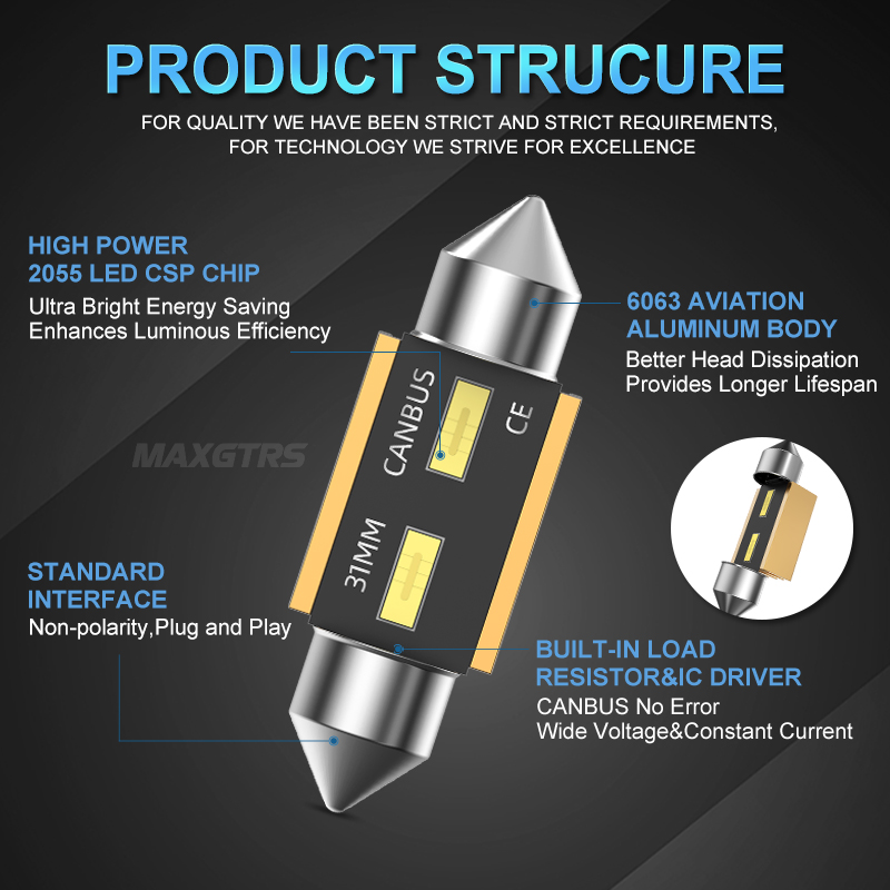 MAXGTRS 2x Festoon 31mm 36mm 41mm C5W LED Bulbs Canbus Dome Reading Trunk Door Lamp License ...