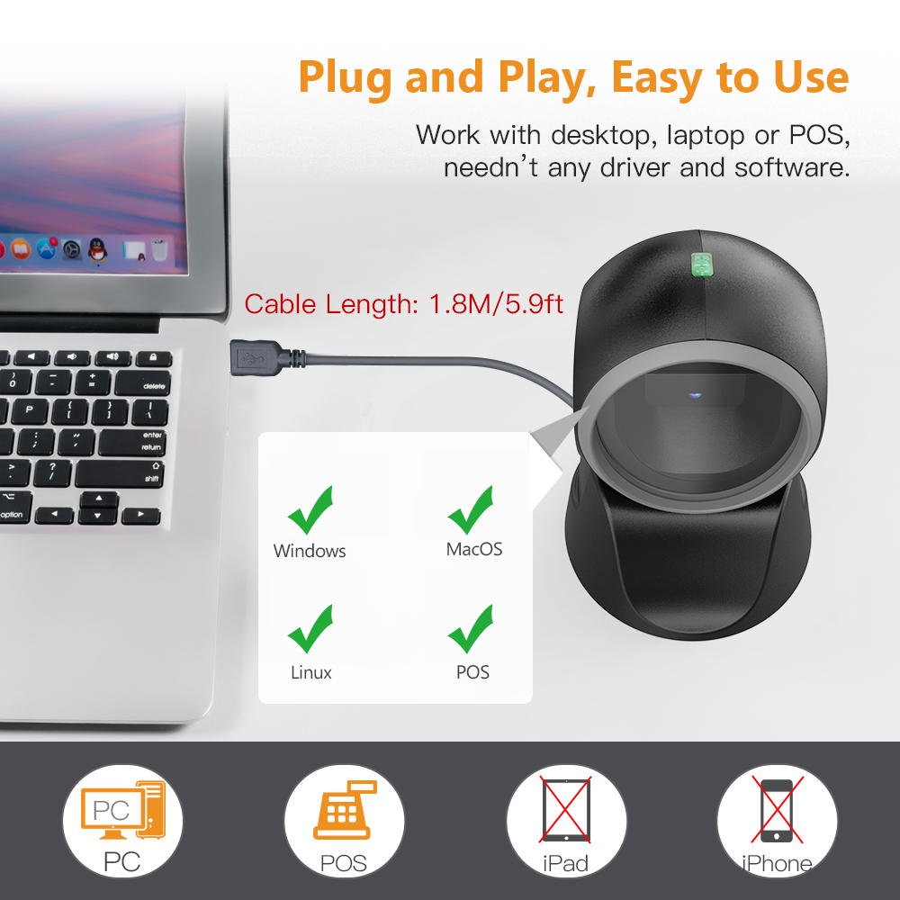 Omnidirectional Hands-Free 1D 2D Desktop Barcode Scanner with Automatic ...