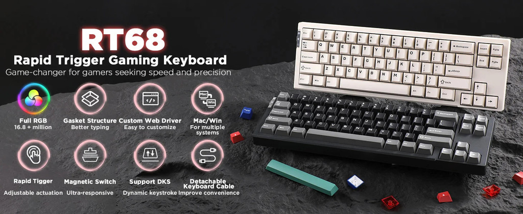 YUNZII RT68 Black rapid trigger mechanical gaming keyboard, Hall effect ...