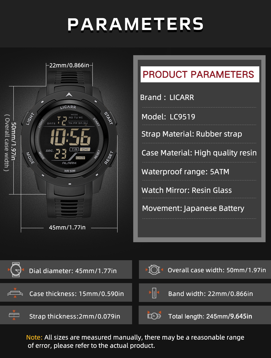 LICARR Men's Watch Digital Date Waterproof Luminous Sports Chronograph ...