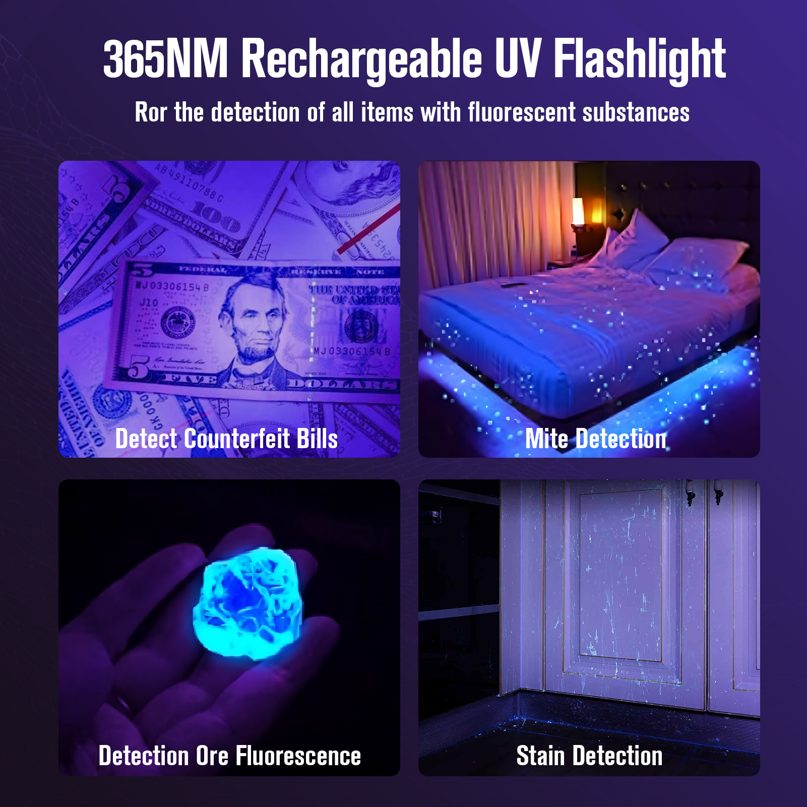 SUPERFIRE S11-H 3W LED UV Flashlight USB Rechargeable Black Light 365nm ...