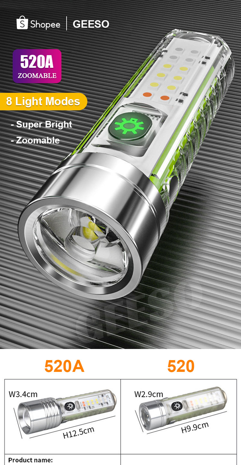 GEESO Zooming Flashlight 520A LED Zoomable Flashlight With Sidelight ...