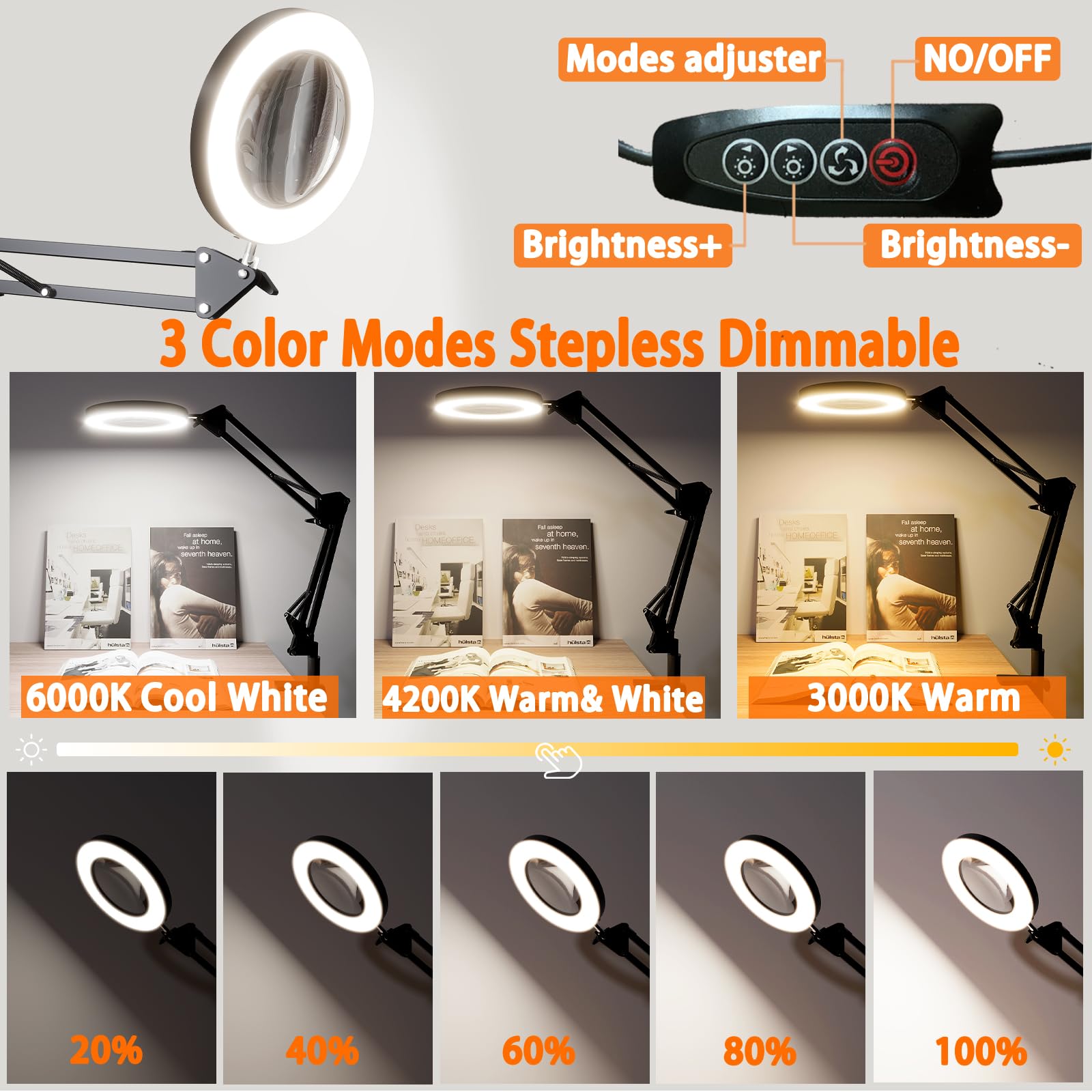 10X Enlarge Magnifying Glass Desk Lamp 3 Dimming Colors Magnifier LED ...