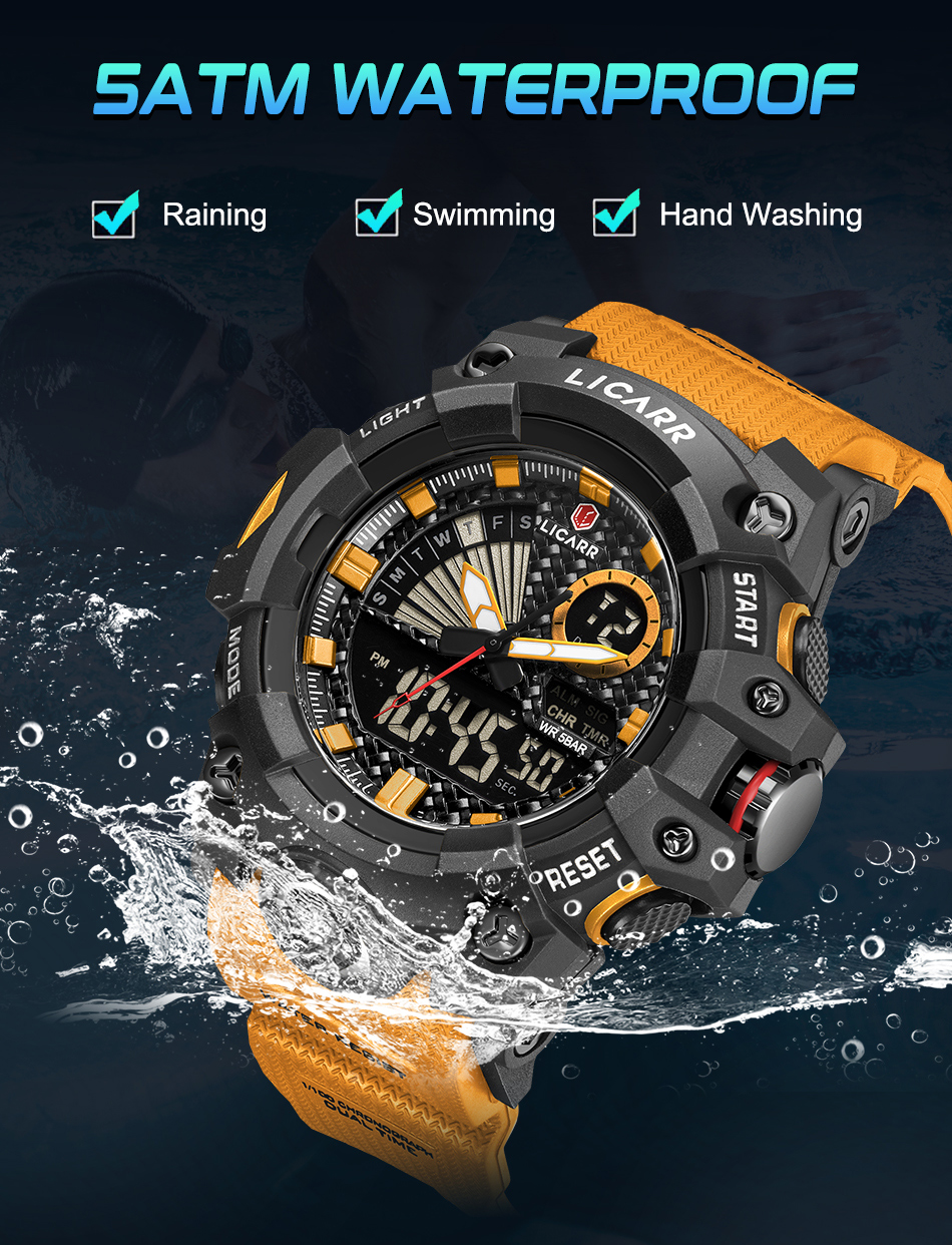 LICARR Top Brand Men's Watch Dual Display Date Earthquake Waterproof ...