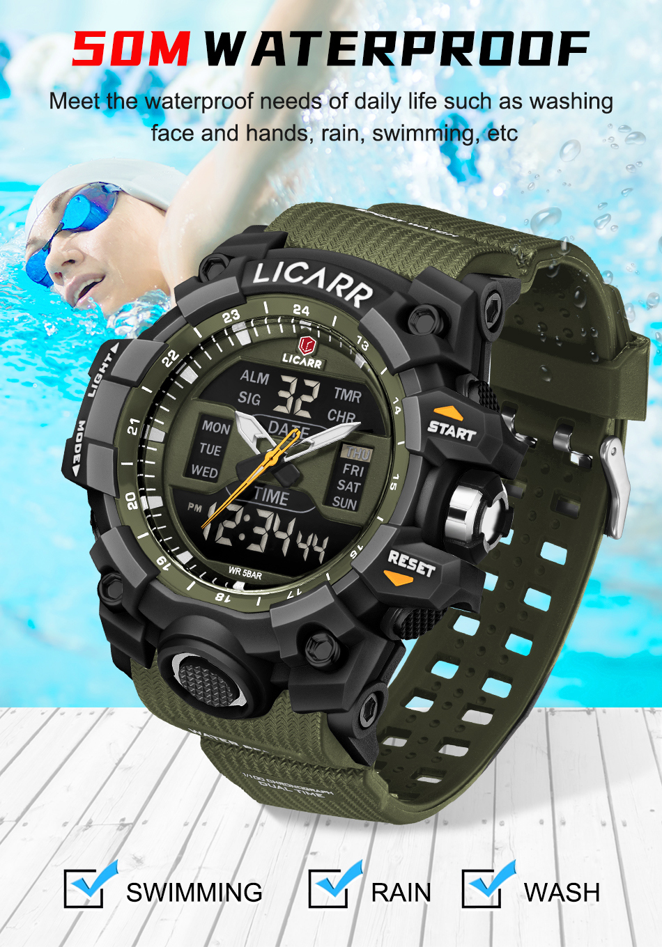 LICARR New Top Brand Men's Watch Dual Display Sports Trend Date ...
