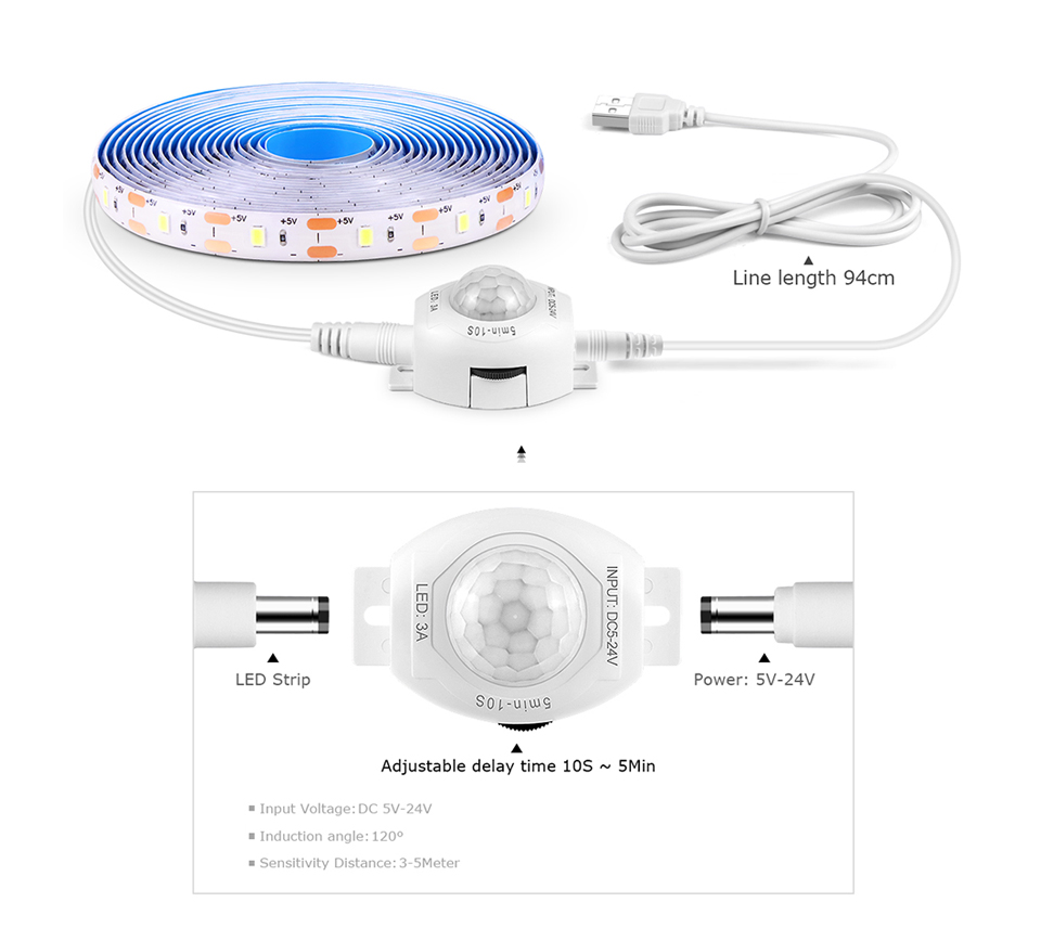 PIR Motion Sensor USB LED Strip Lights IP65 Waterproof DC5V Diode Tape ...