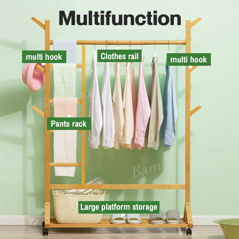 【Ready Stock】Bamboo Clothes Rack Rak Baju With Wheels Wardrobe Rack Hat ...