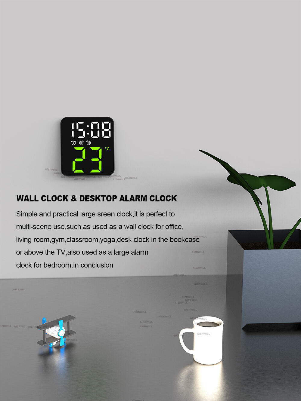 Bedroom digital alarm clock, voice activated three alarm clock, 12/24 ...