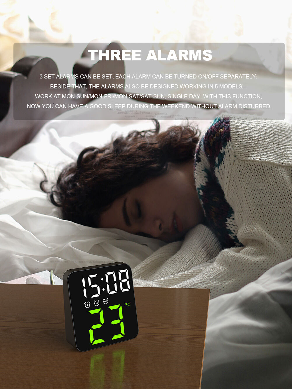 Bedroom digital alarm clock, voice activated three alarm clock, 12/24 ...