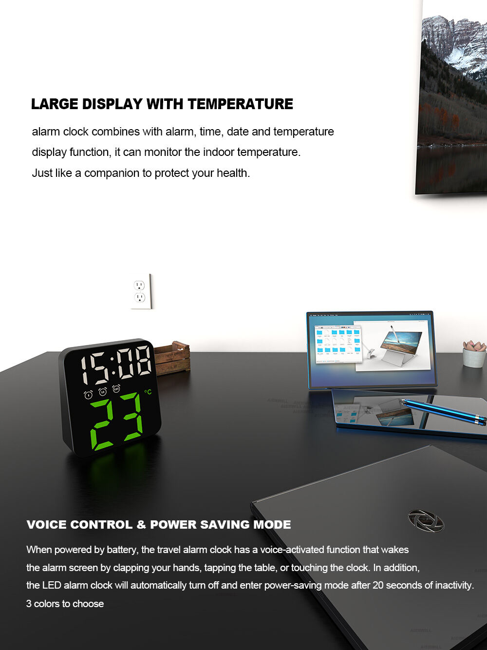 Bedroom digital alarm clock, voice activated three alarm clock, 12/24 ...