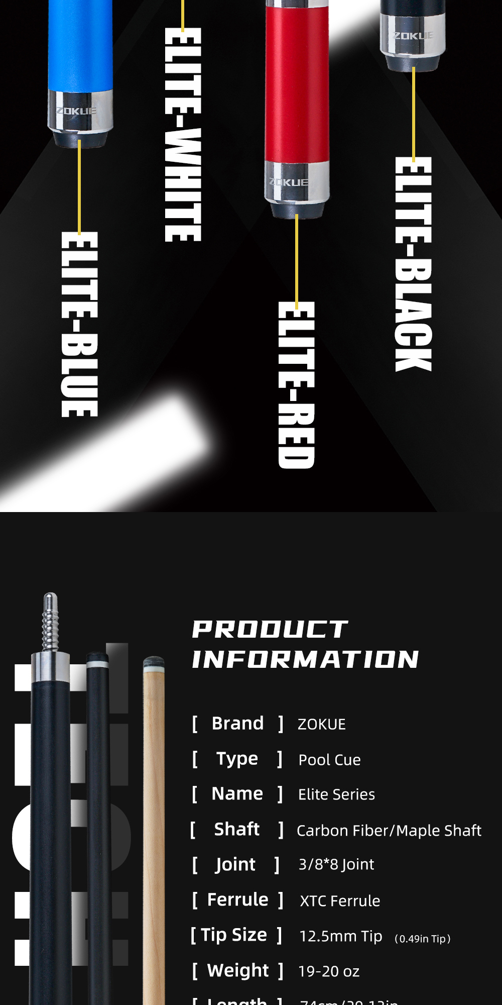 ZOKUE Elite Series Carbon Fiber Pool Cue Low Deflection Full Carbon ...