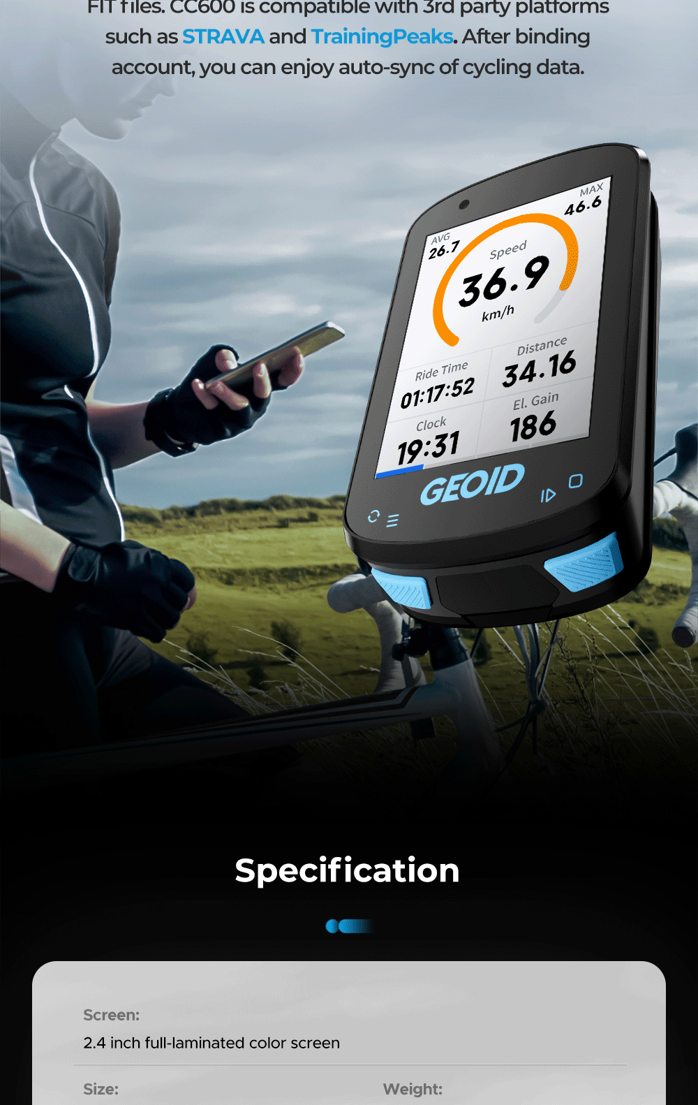 GEOID CC600 Colorful Screen Navigation GPS Bike Computer 2.4 inch WIFI transmission bike ...