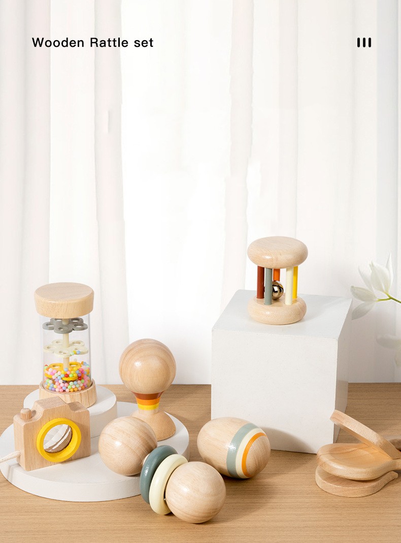 Treeyear Montessori Wooden Sensory Baby Toy Set - Natural Wooden Rattle ...