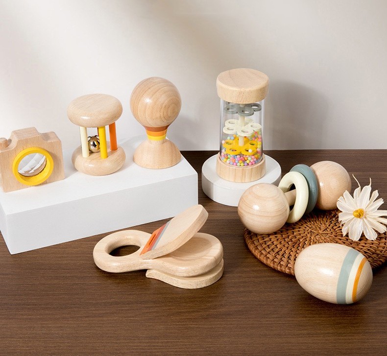 Treeyear Montessori Wooden Sensory Baby Toy Set - Natural Wooden Rattle ...