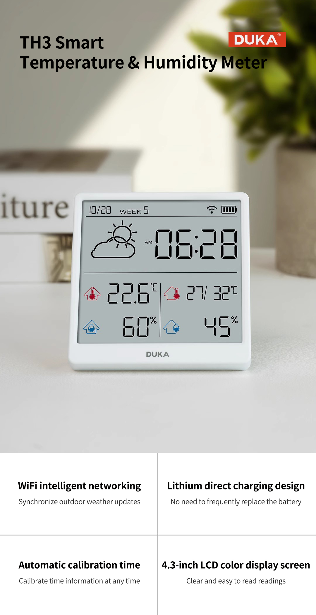 DUKA TH3 LCD Electronic Digital Temperature Humidity Meter Indoor Outdoor Weather Station With ...