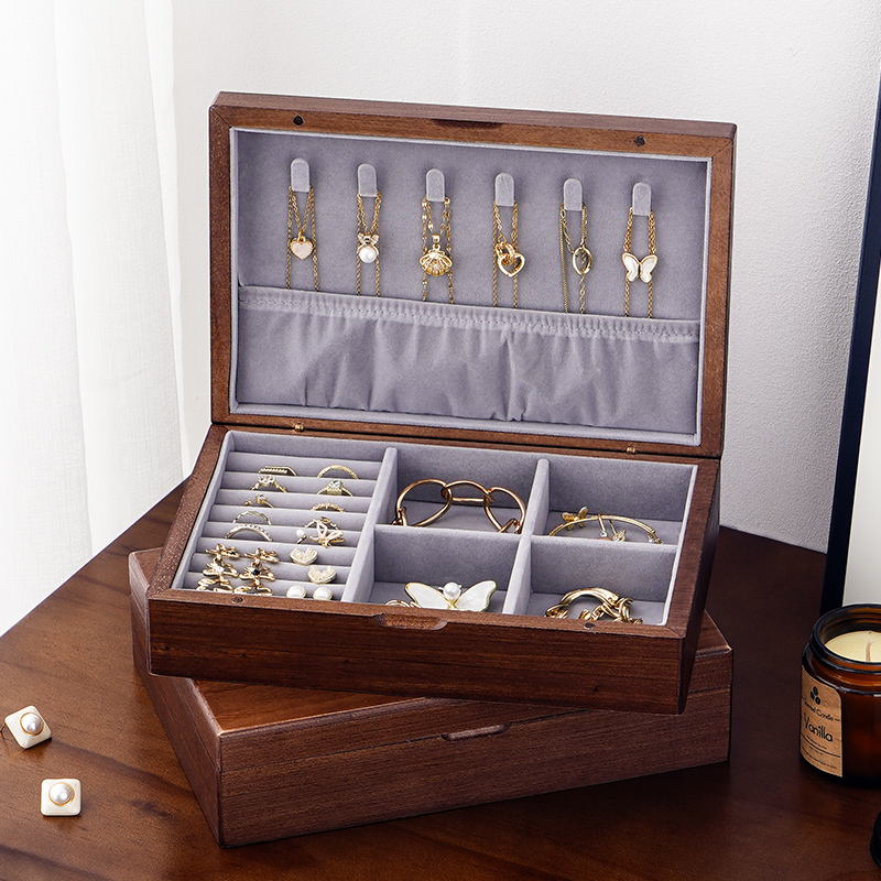Wooden Jewelry Box Earrings Necklace Ring Storage Velvet Case Jewellery ...