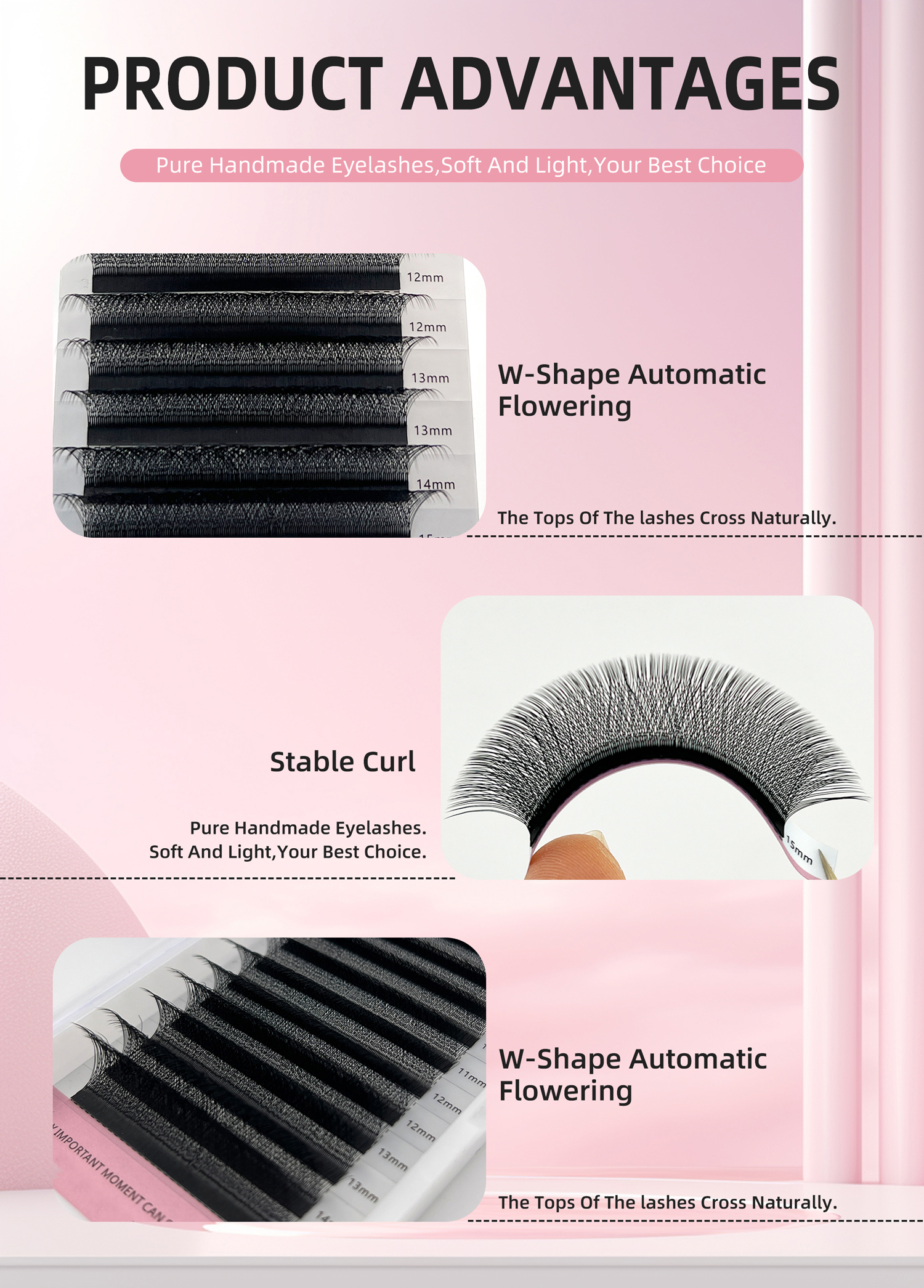 KOREMAZ 3D W Shape Eyelash Extensions 3 Tip C/D/DD Curve 0.07 High ...