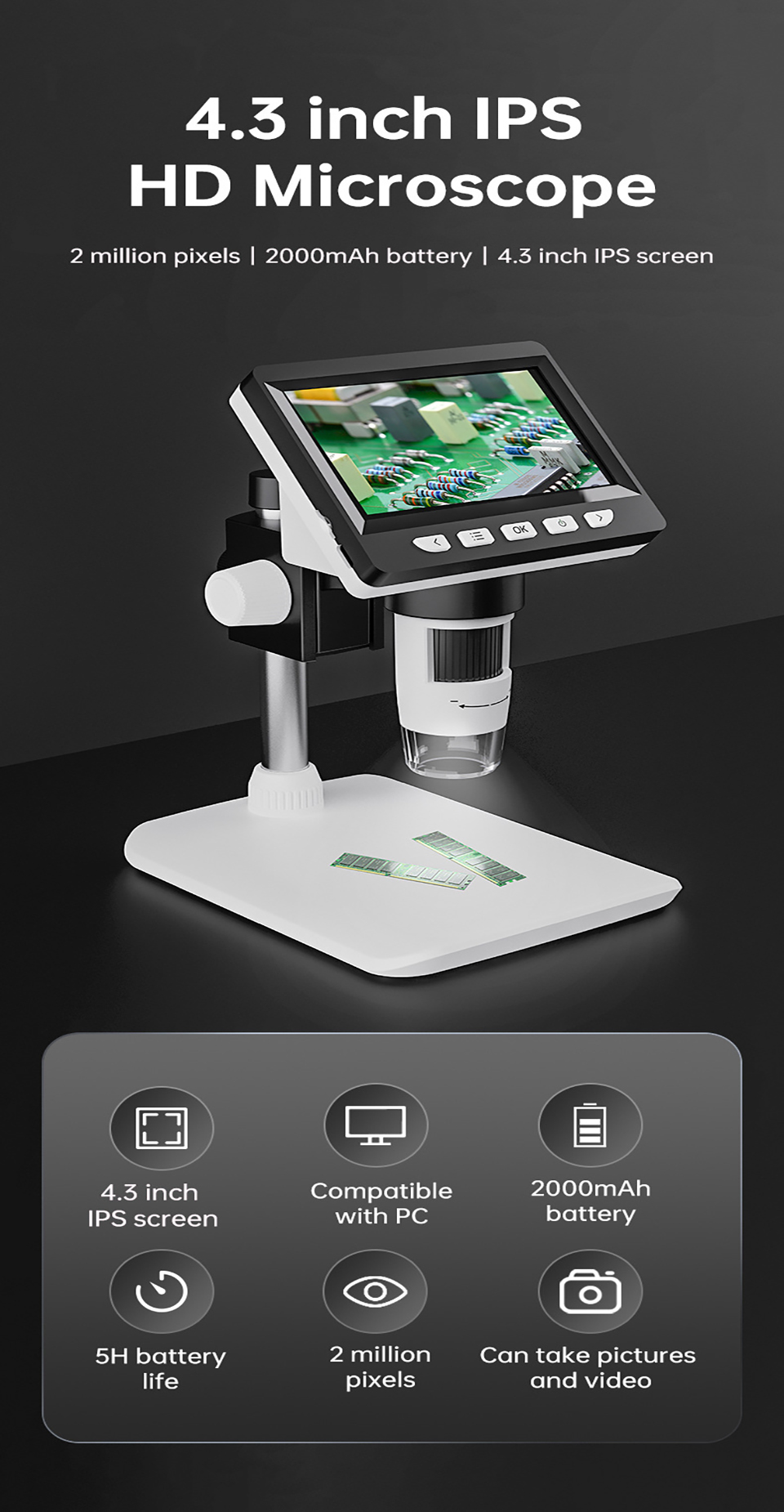 1080p High-definition Microscope 4.3-inch IPS Screen Electron ...