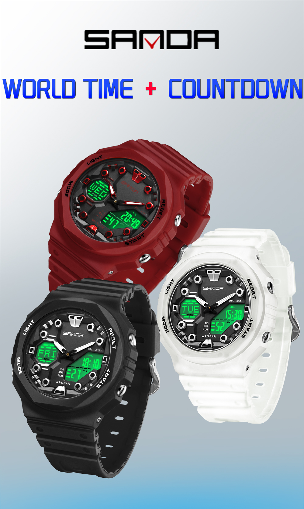 SANDA 6200 Fashion Student Electronic Watch Multi functional Alarm ...