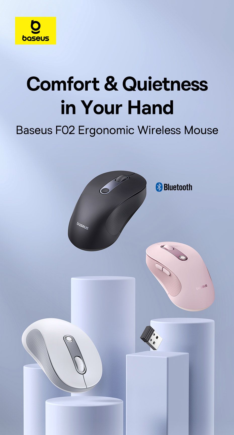 Baseus F02 Ergonomic Wireless Mouse Bluetooth Mouse with 1 AA Battery ...