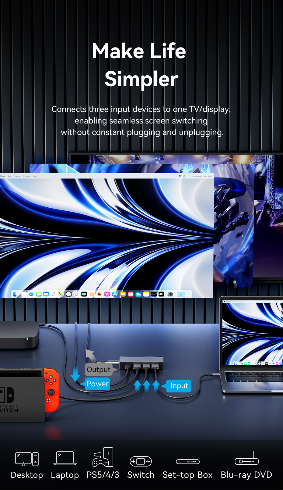 Vention 8K HDMI Switch 3x1 Adapter HDMI Switcher 8K@60Hz Dynamic HDR eARC for Laptop/PS4 ...