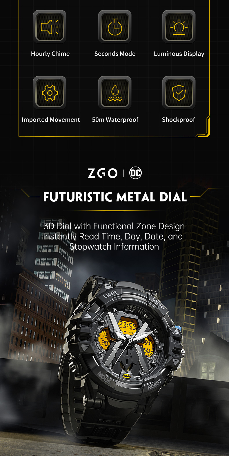 ZGO x DC Genuine Batman Men's Watch Multi-Function Luminous Shock ...