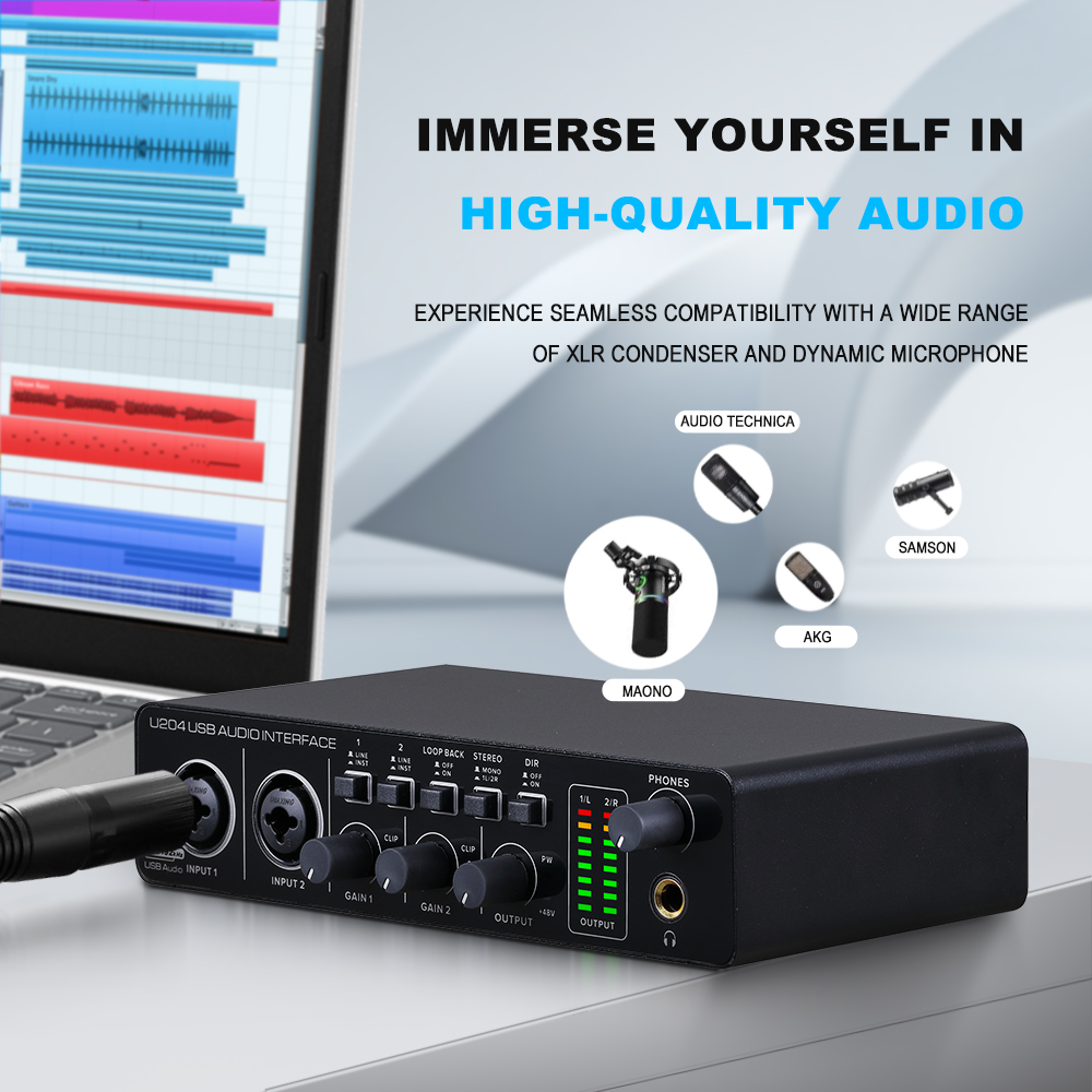 BOMGE U204 USB Audio Interface for PC Recording Music, 2x2 Guitar Audio Interface for Podcasting ...