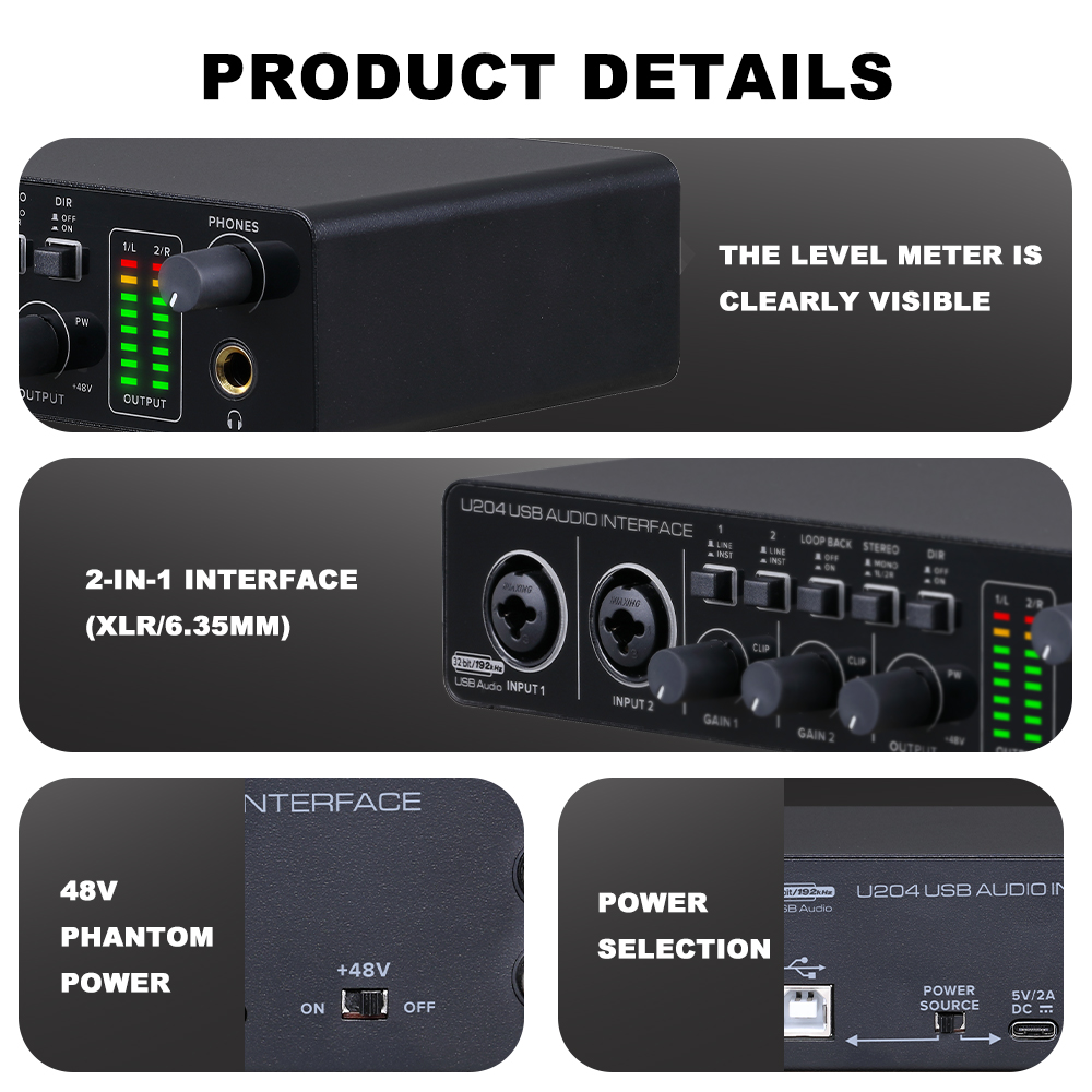 BOMGE U204 USB Audio Interface for PC Recording Music, 2x2 Guitar Audio Interface for Podcasting ...