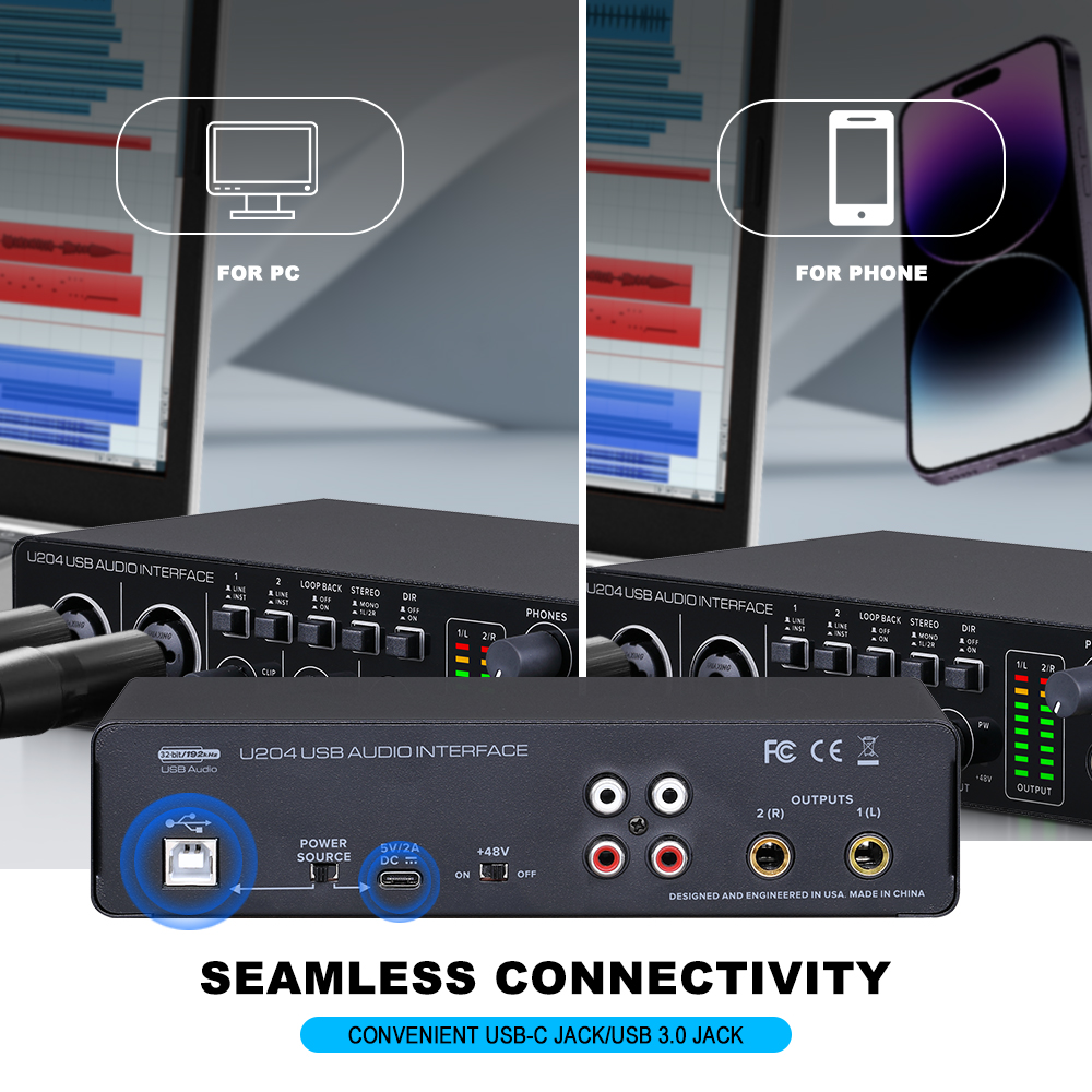 BOMGE U204 USB Audio Interface for PC Recording Music, 2x2 Guitar Audio Interface for Podcasting ...