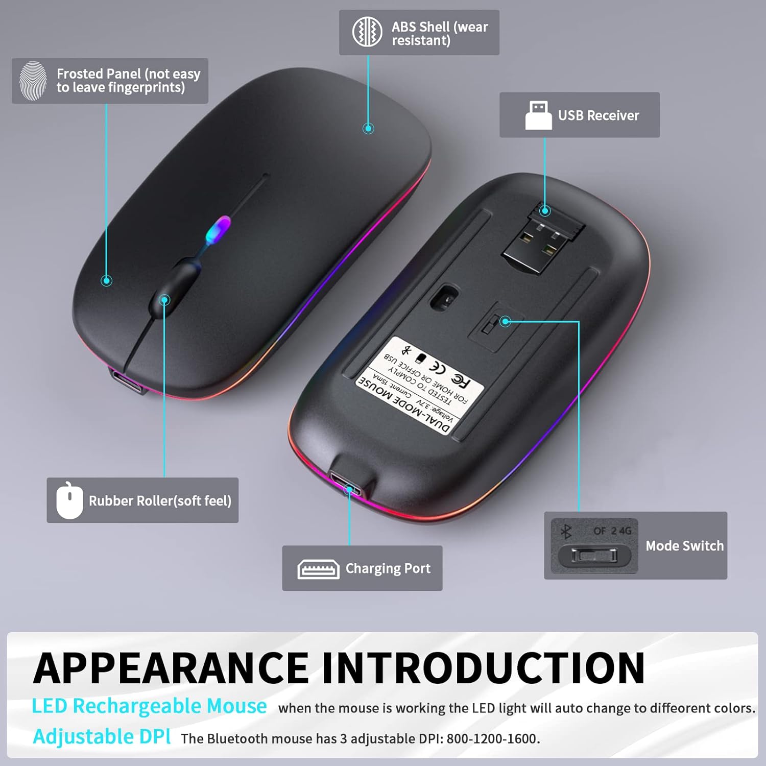 Rechargeable Wireless Mouse Slim LED Light 2.4GHz Bluetooth 5.2 Silent ...
