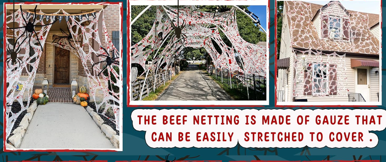 Halloween Decorations Outdoor Spider Webs*2 + Spiders*2, Giant Stretchy ...