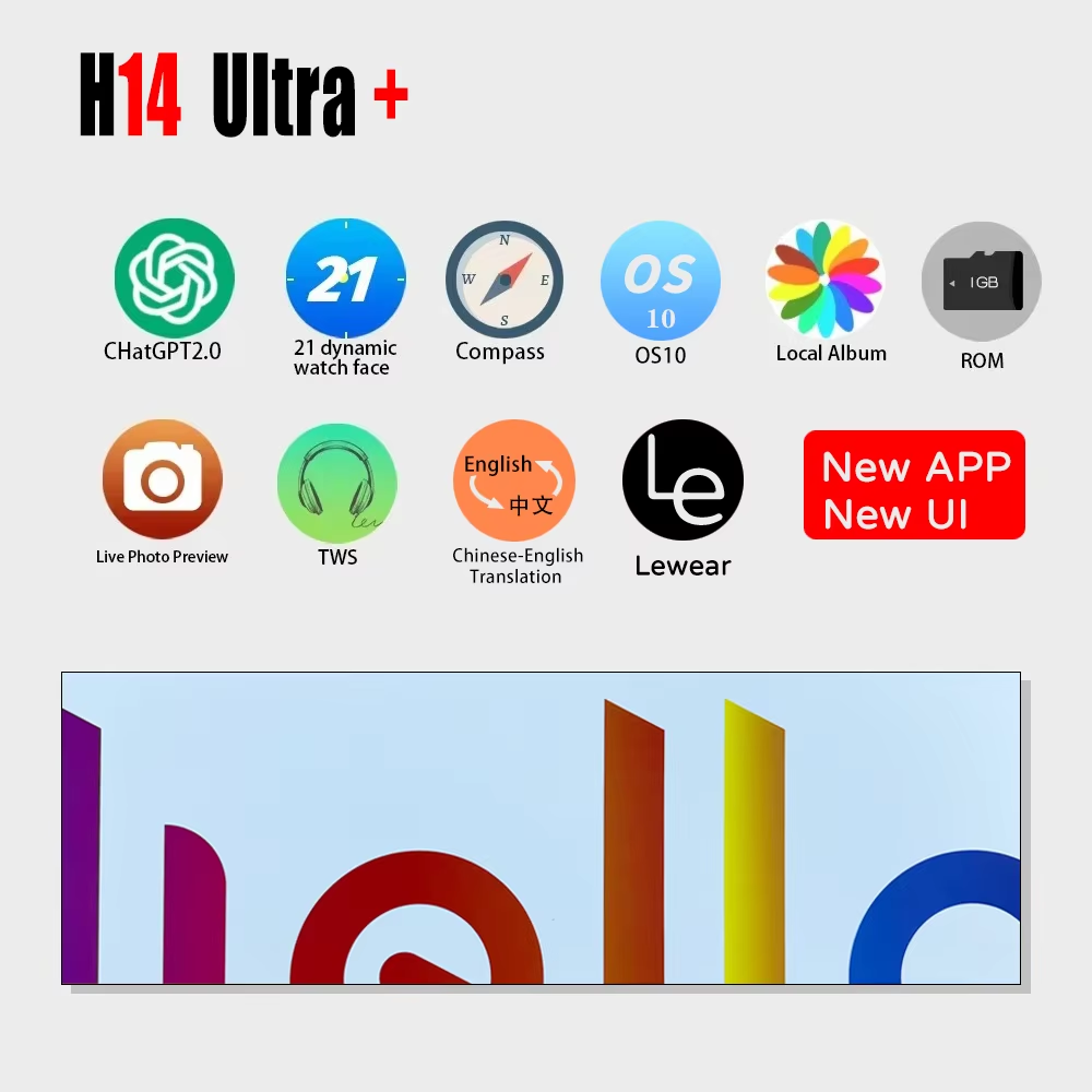 2024 New Hello Watch H14 Ultra Plus Smart Watch Compass NFC 1GB ROM Local Album H13 Ultra+ ...