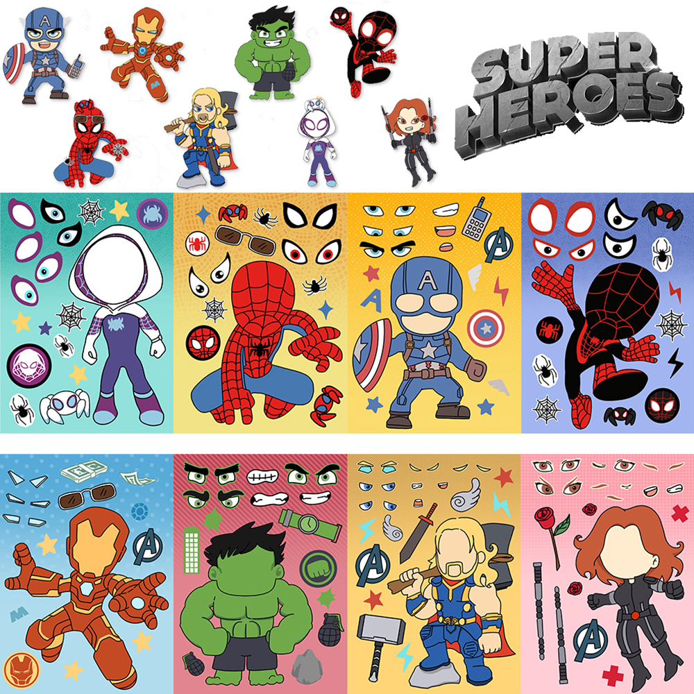 MUYA 8 Sheets/Set Marvel Super Hero Stickers Make a Face Puzzle ...
