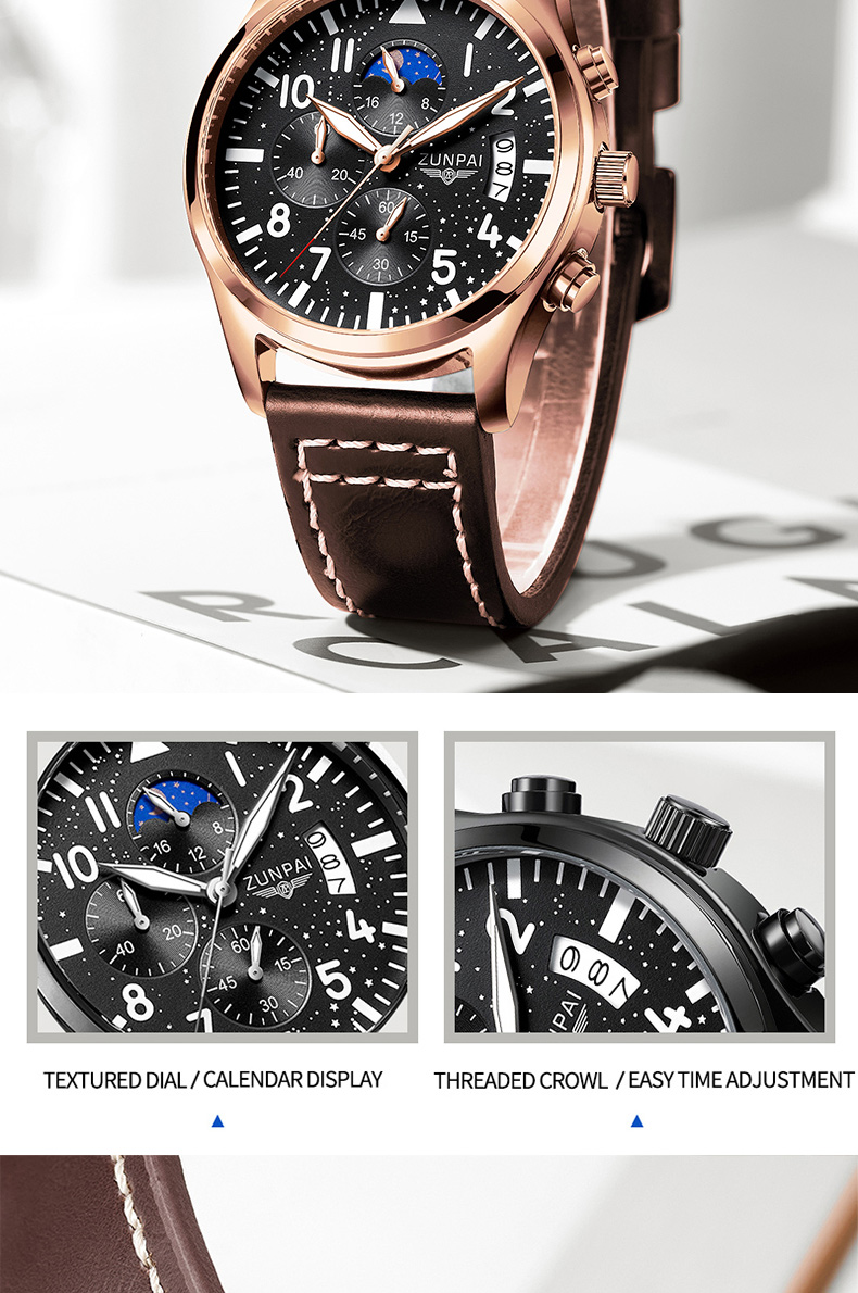Zunpai Watch for Mens Original Waterproof Leather Strap Business Sports ...