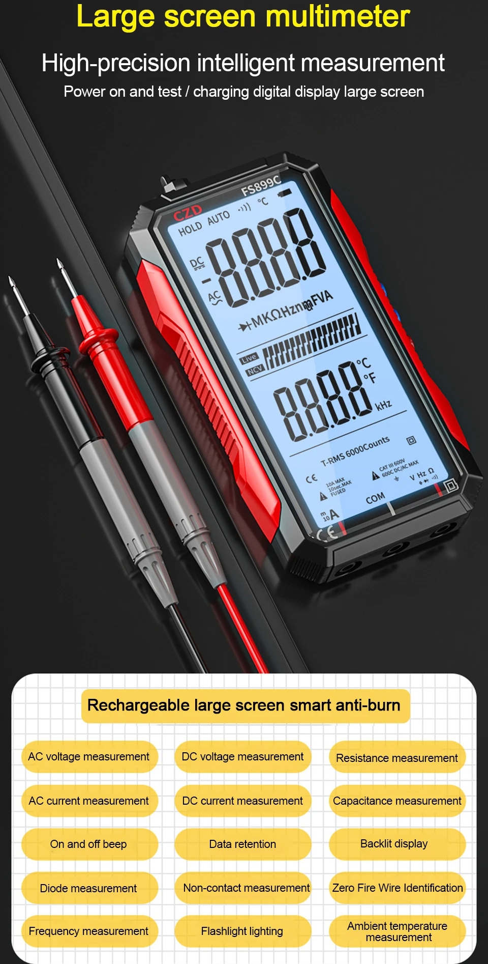 6000 Count Rechargeable Multimeter Voltmeter Ammeter Ohmmeter True RMS ...