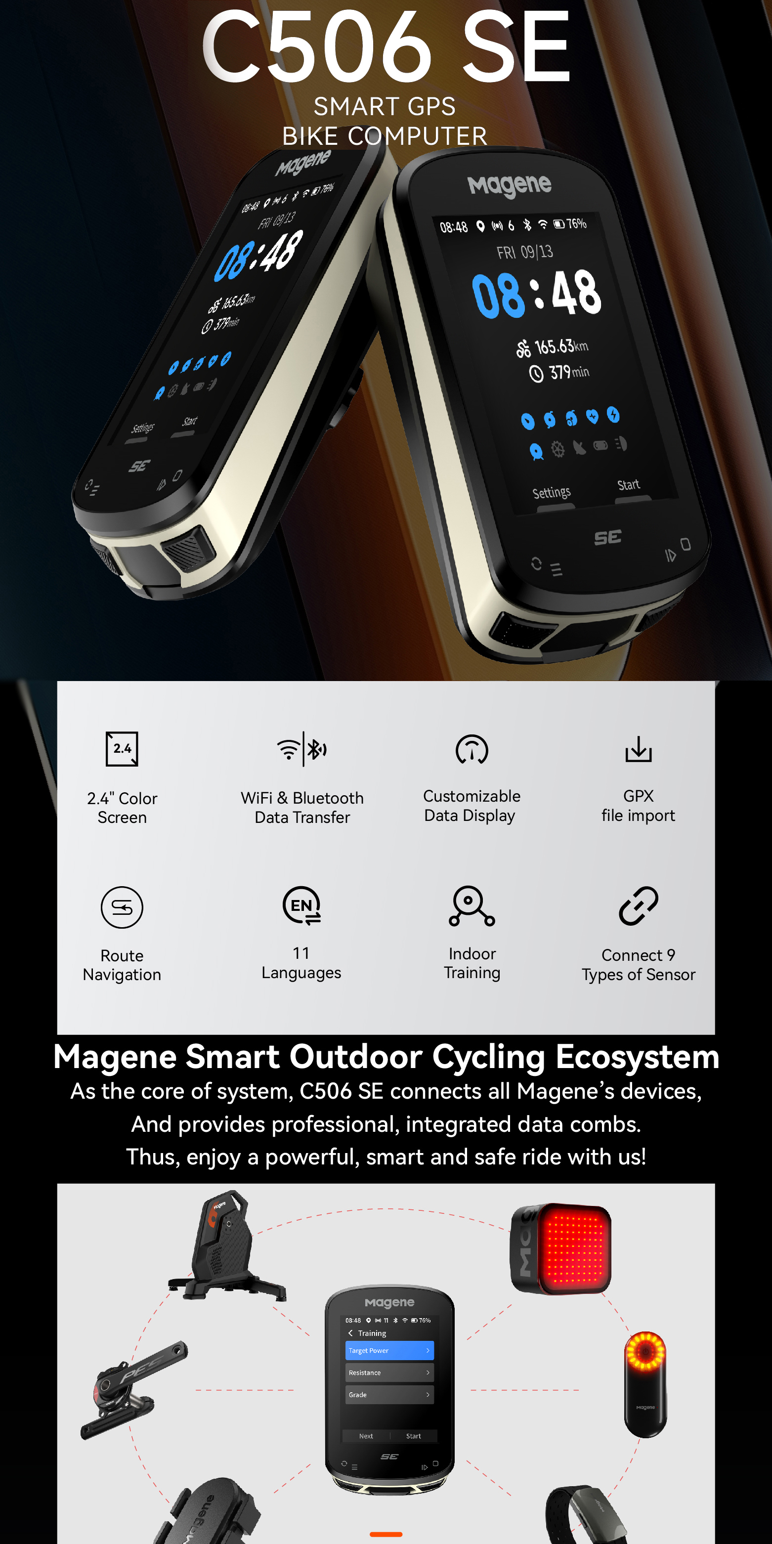 Magene C506SE Smart GPS Bike Computer Speedometer 2.4inch WiFi ...