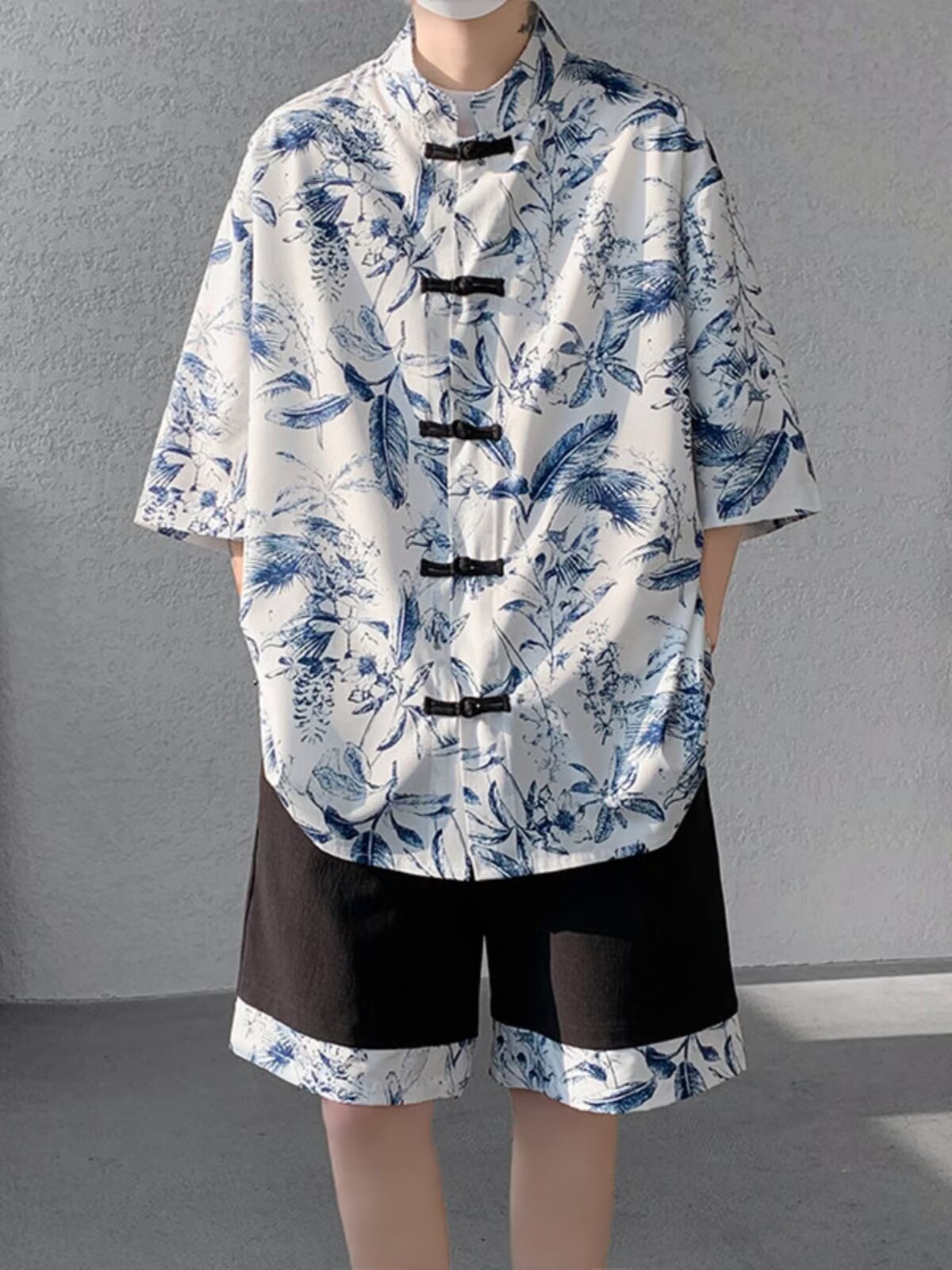 【shirt+shorts】 Chinese style Tang style summer stand up collar printed ...