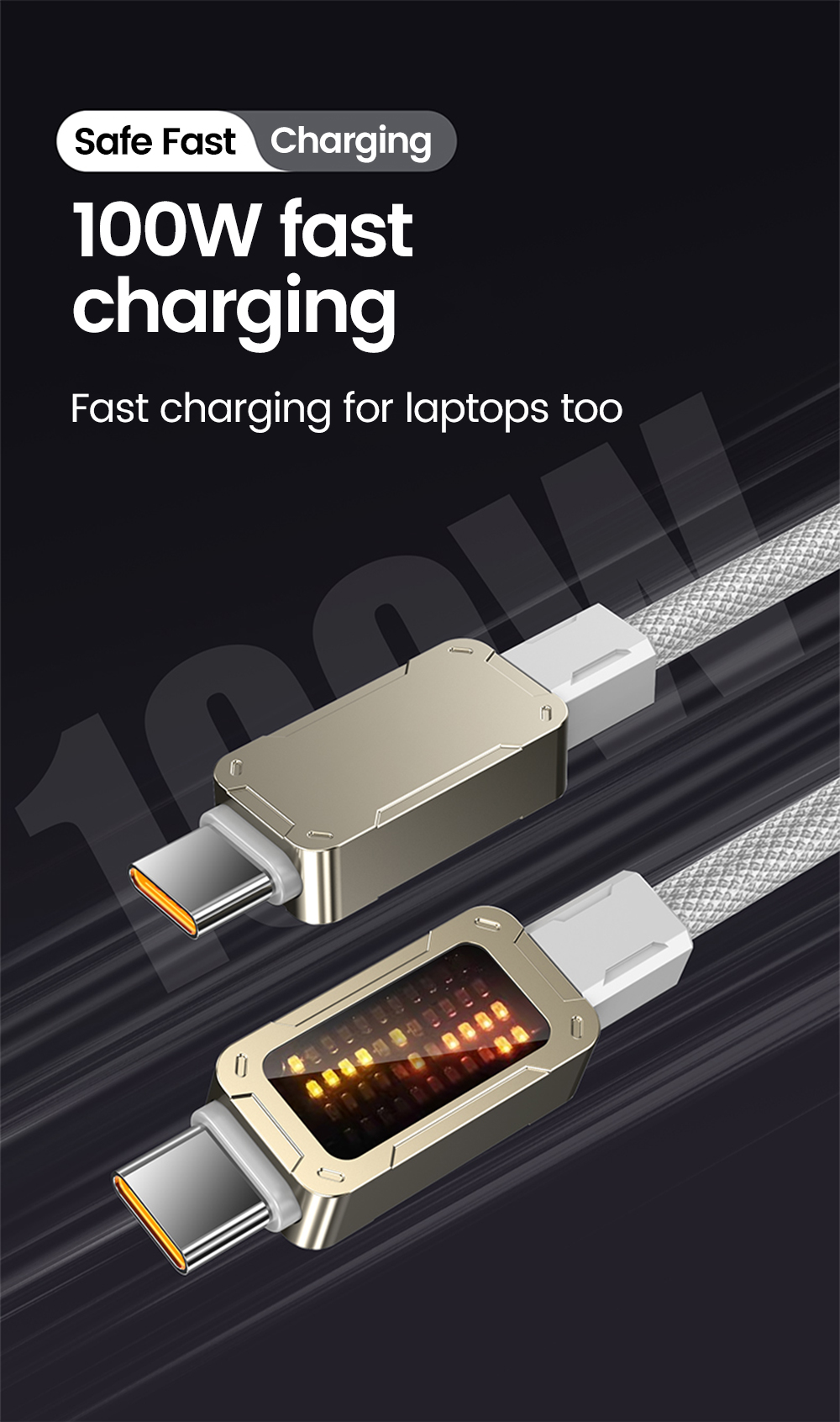 100W LED Display Type C Charging Data Cable Car Mounted Ambient Light Cable PD30W Type C Charger ...