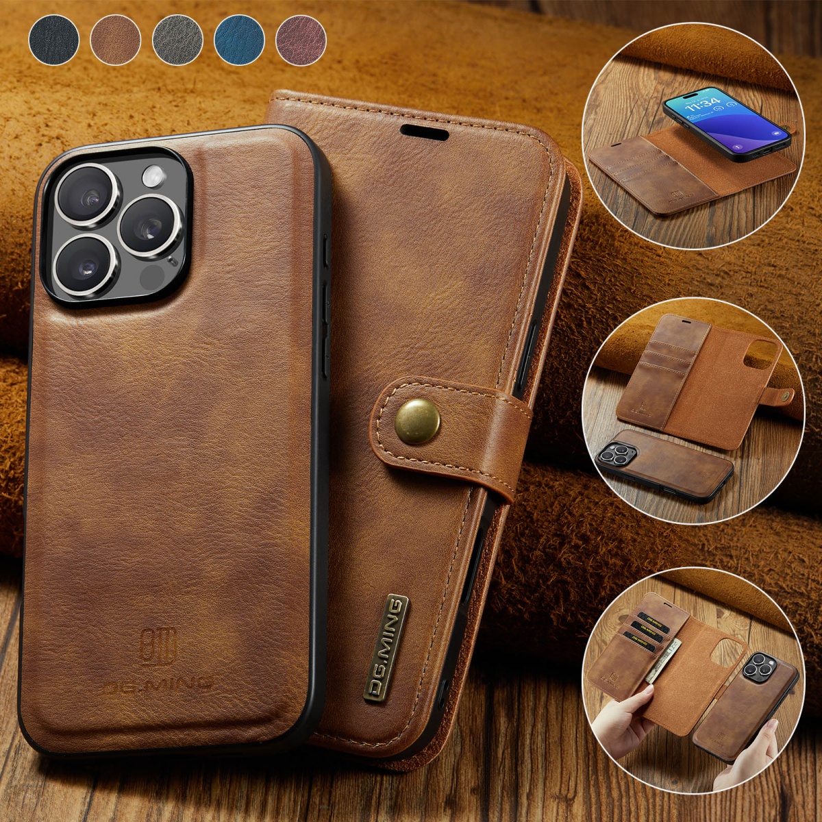 Detachable Magnetic Leather Phone Case For iPhone 16 15 14 13 12 Pro ...