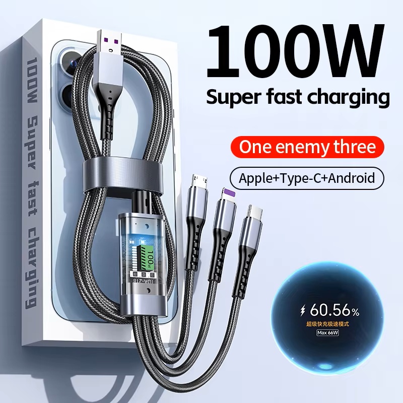 3 In 1 100w Transparent Fast Charging Cable Type C Usb Micro Pilot Lamp ...